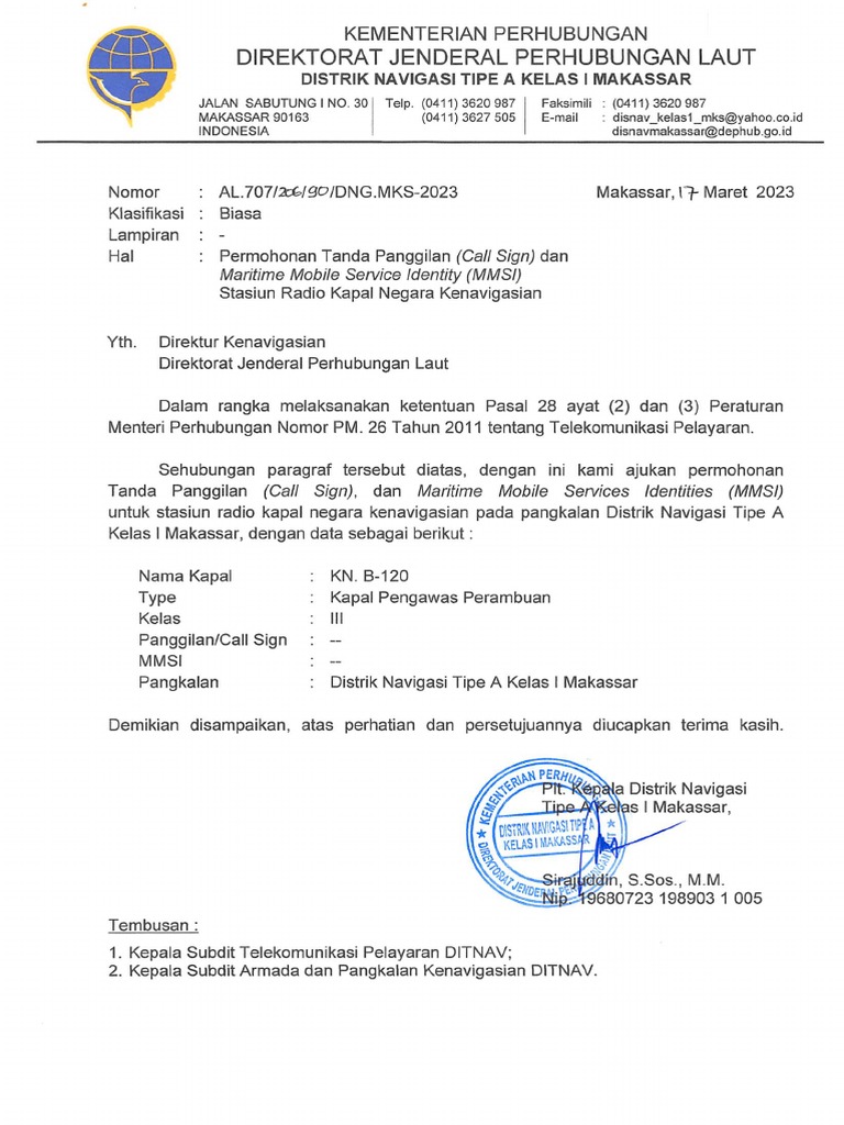Permohonan MMSI Dan Call Sign KN. B-120 | PDF