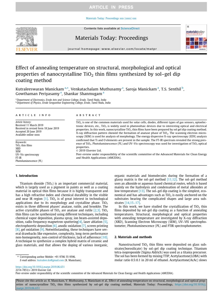 Materials Today: Proceedings | PDF | Titanium Dioxide | X Ray ...