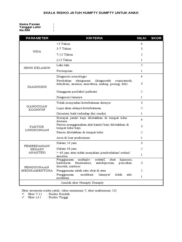 Skala Risiko Jatuh Humpty Dumpty Untuk Anak | PDF