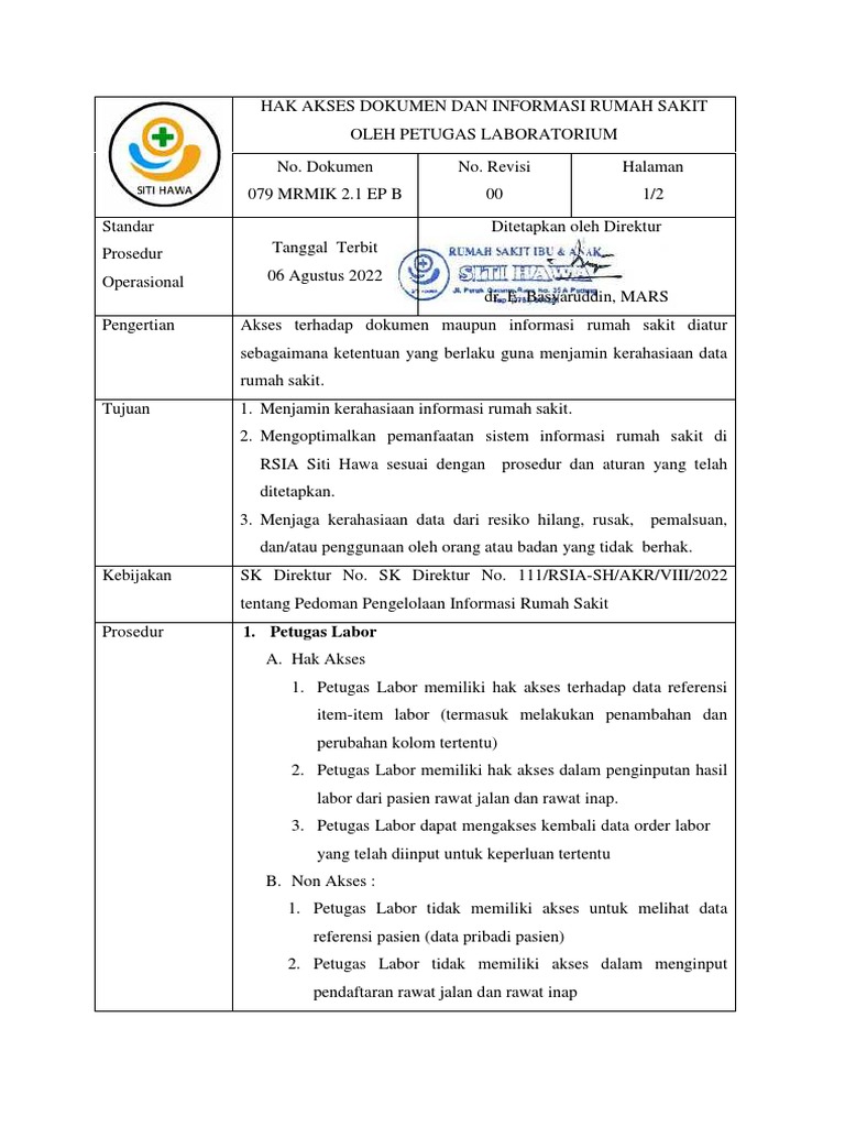 Mrmik 2.1 Ep 2 Spo No 079 Hak Akses Dokumen Dan Informasi Rumah Sakit Oleh Petugas Laboratorium ...