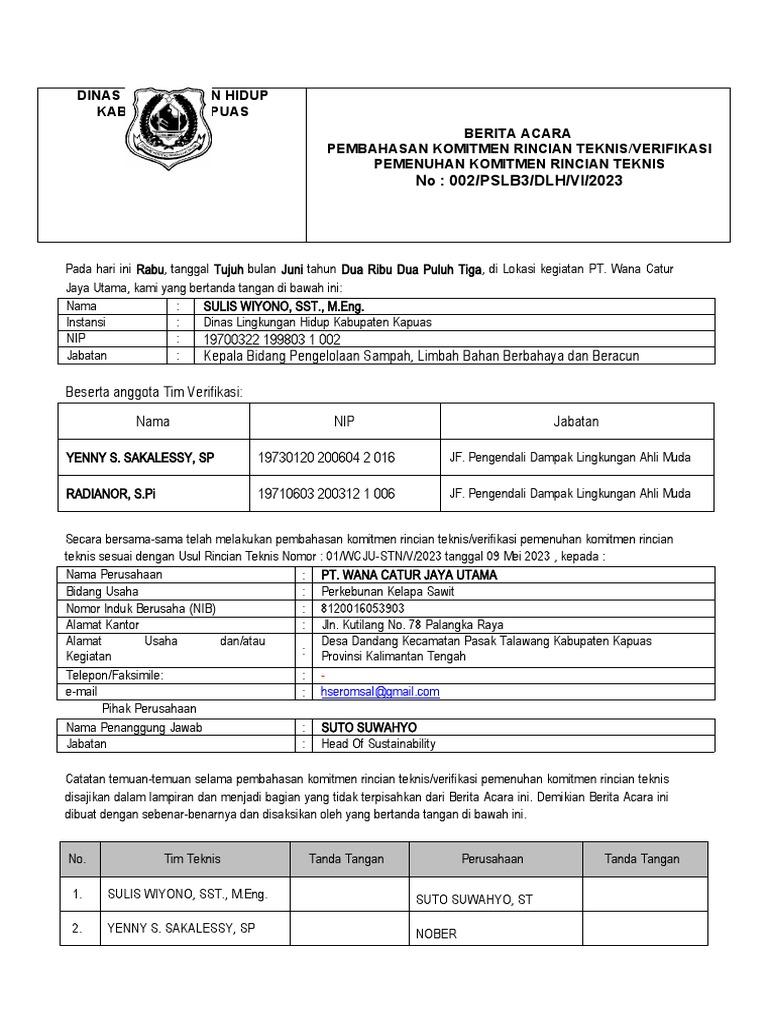 BERITA ACARA RINTEK PT. WANA CATUR JAYA UTAMA | PDF