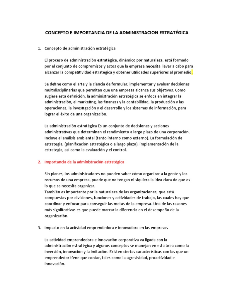 Concepto e Importancia de La Administracion Estratégica | PDF | Gestión estratégica | Business