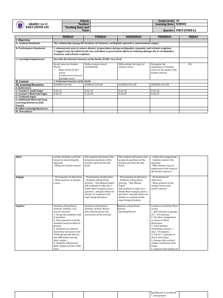 DLL - Science 10 - Quarter 1 - Week 6 | PDF | Waves | Earthquakes