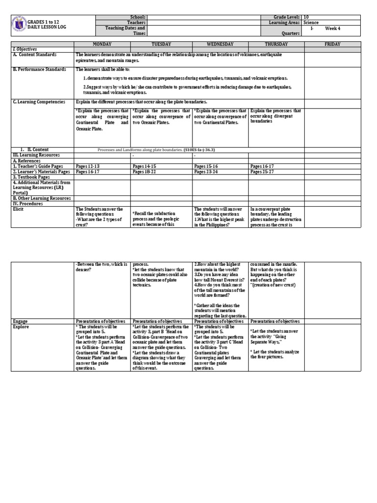DLL - Science 10 - Quarter 1 - Week 4-5 | PDF | Plate Tectonics | Volcano