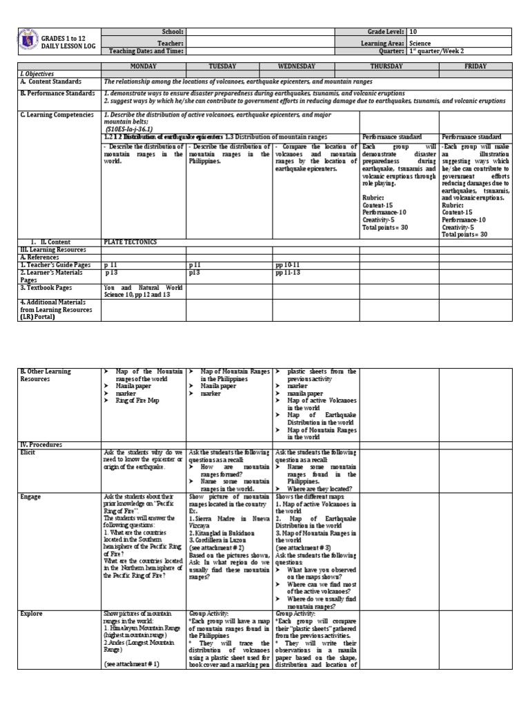 DLL - Science 10 - Quarter 1 - Week 2 | PDF | Earthquakes | Volcano