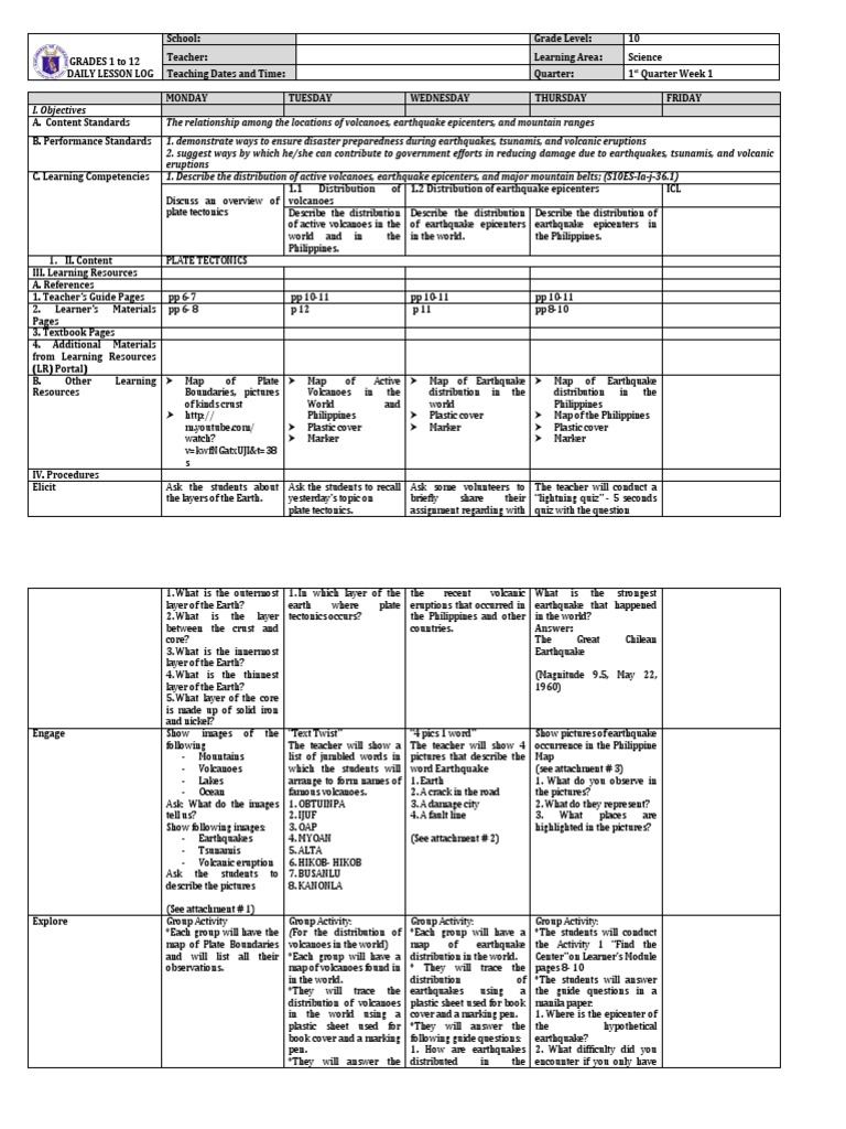 DLL - Science 10 - Quarter 1 - Week 1 | PDF | Volcano | Plate Tectonics