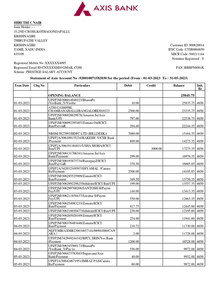 Statement of Axis Account No:920010071582030 For The Period (From: 01 ...