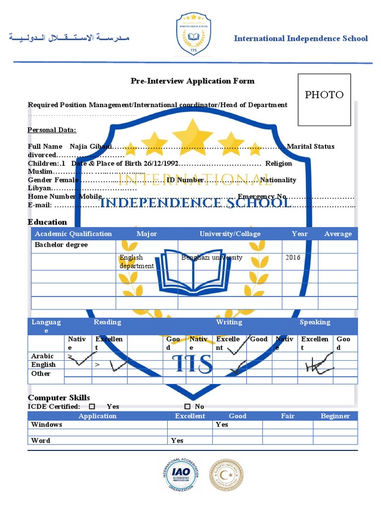 Pre-Interview Application Form English | Download Free PDF | Teachers ...