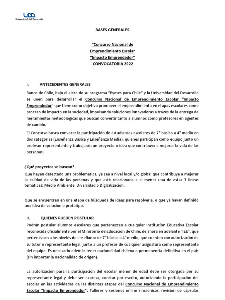 Bases Concurso Nacional de Emprendimiento Escolar Impacto Emprendedor | PDF | Iniciativa ...