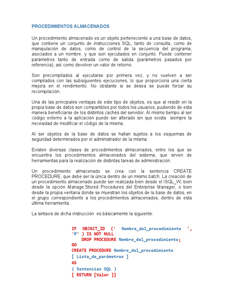 Procedimientos Almacenados | Descargar gratis PDF | SQL | Bases de datos