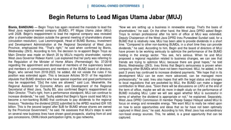 2023.03.30 Begin Returns To Lead Migas Utama Jabar (MUJ) | PDF ...