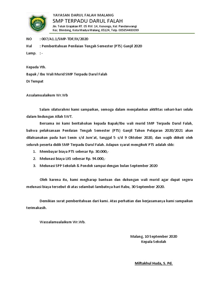 Contoh Surat Pemberitahuan PTS | PDF