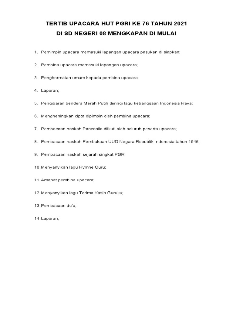 Tertib Upacara Hut Pgri Ke 76 Tahun 2021 | PDF