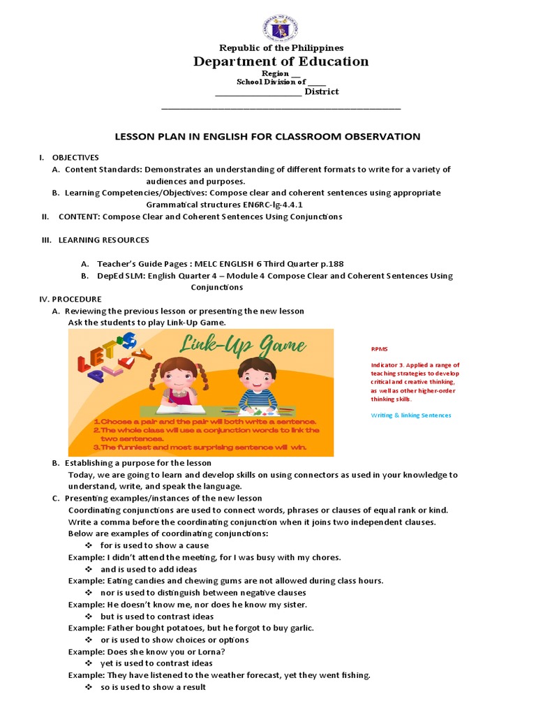 Lesson Plan in English For Classroom Observation | PDF | English ...
