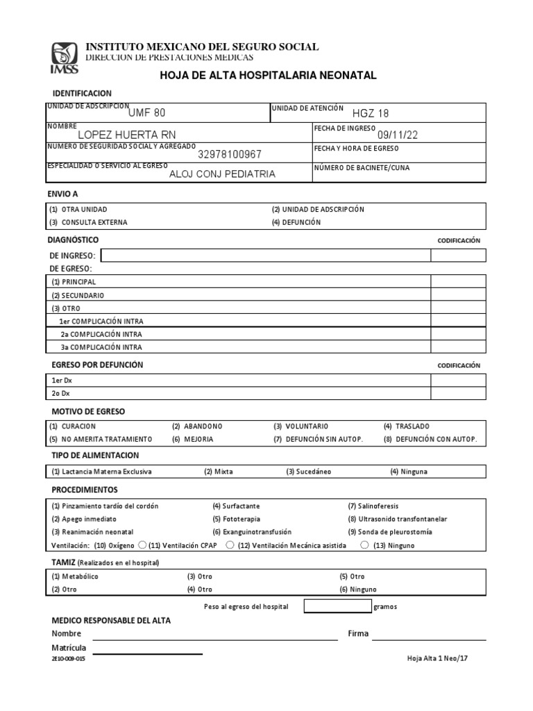 Formato de Alta Hospitalaria Neonatal | PDF | Cuidado de la salud ...