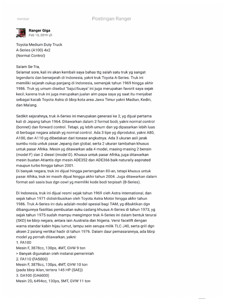 Toyota Medium Duty Truck A-Series (A100) 4×2 | PDF