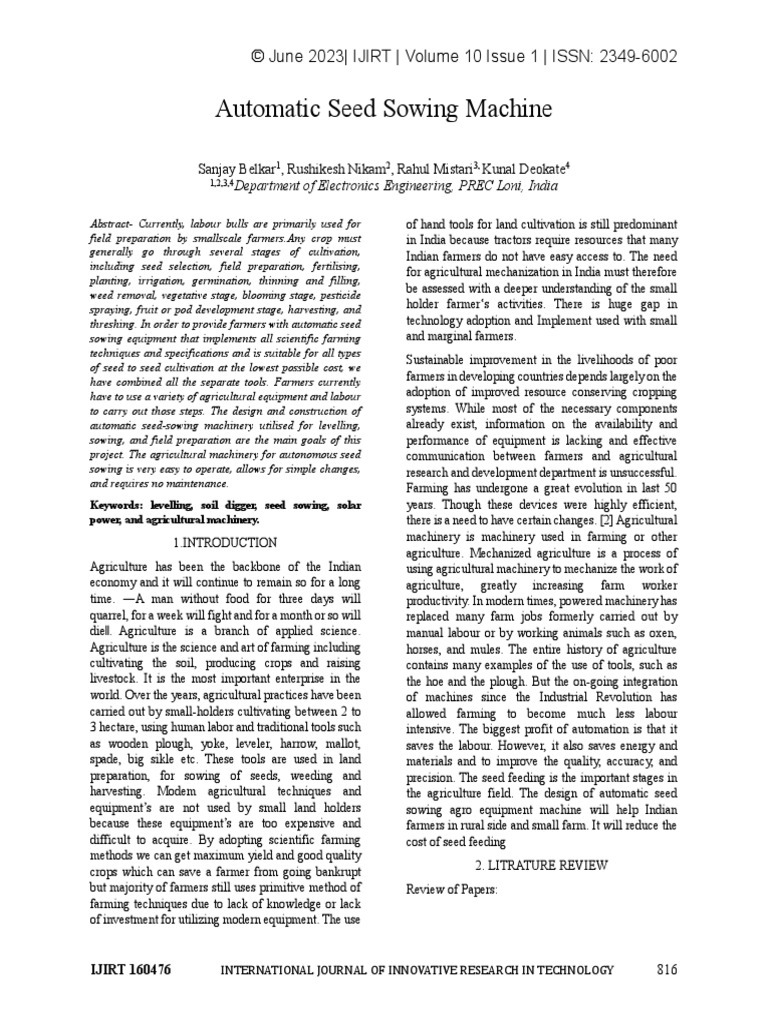 IJIRT - Automatic Seed Sowing Machine - PAPER | PDF | Electric Motor ...