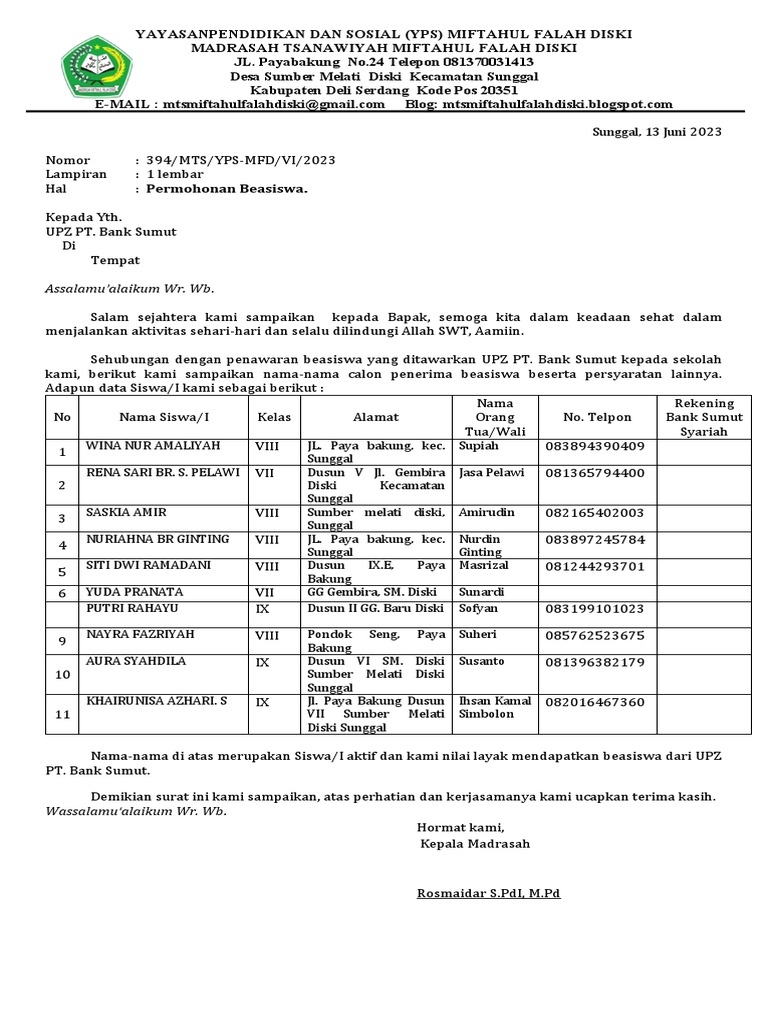 Contoh Surat Basiswa Dari Sekolah Ke UPZ | PDF