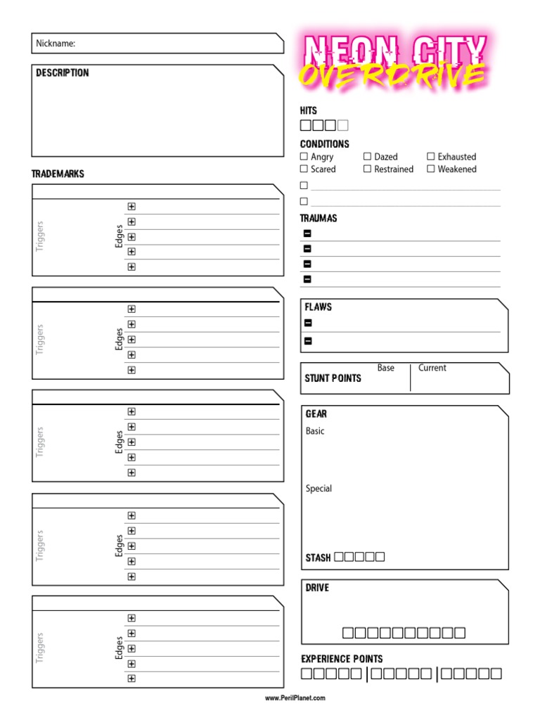 Neon City Character Sheet Form Fill | PDF