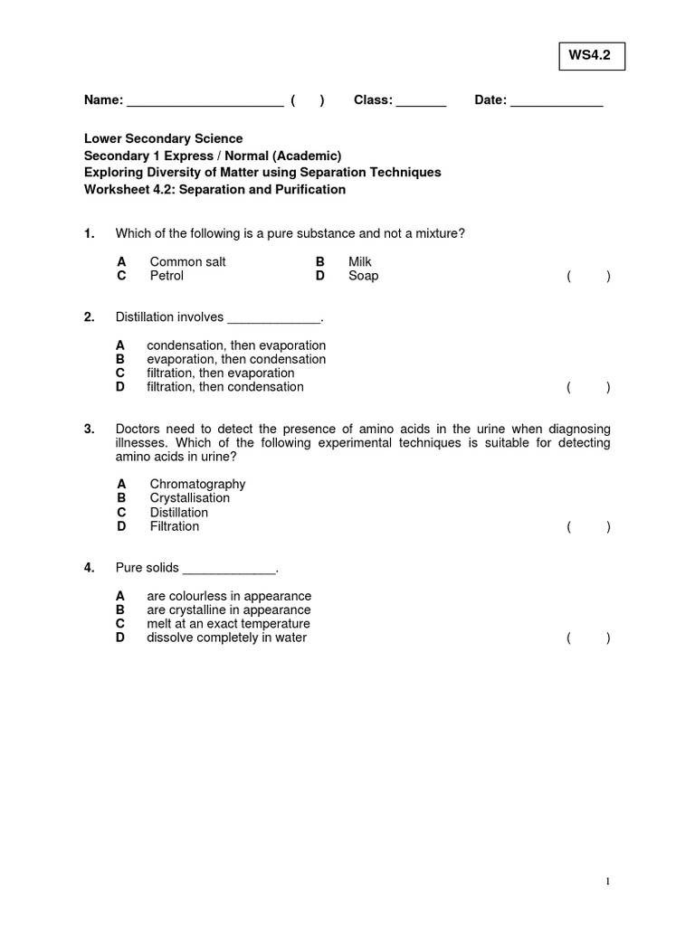 Science Matter Worksheet 4.1 | PDF | Water | Chromatography