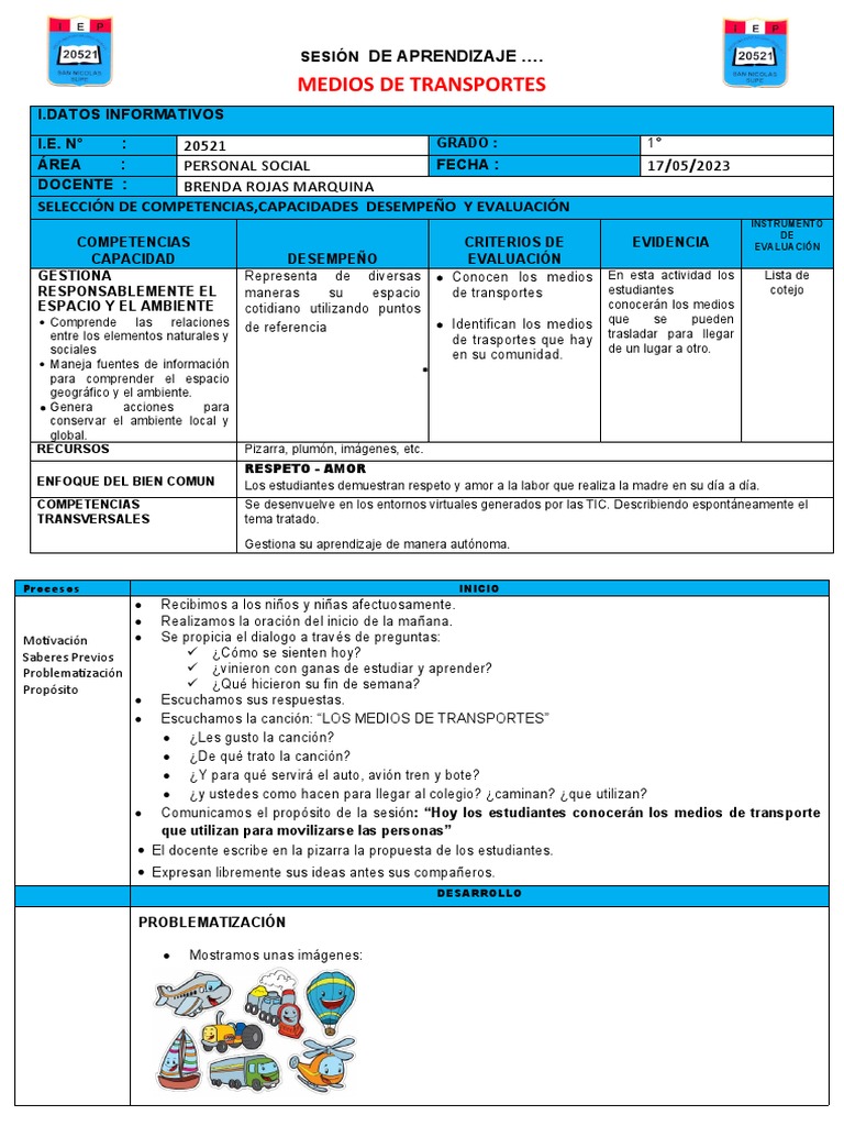 Los Medios de Transportes-Sesion Personal Social | PDF | Evaluación ...