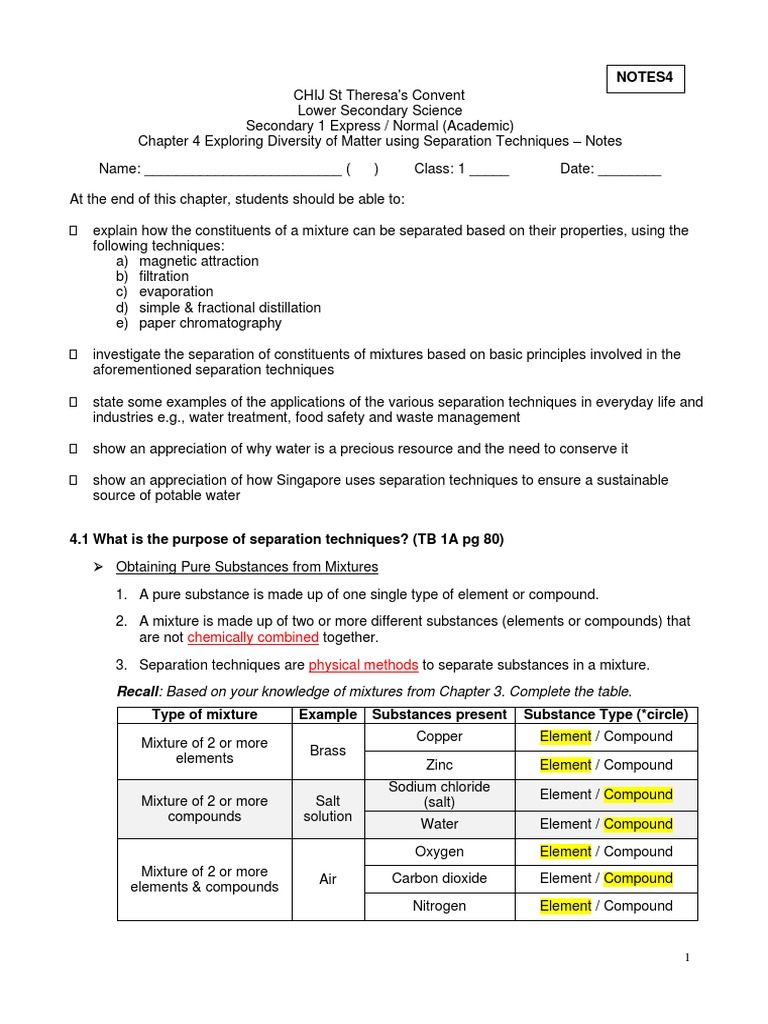 Science Chapter 4 Notes On Matter | PDF | Filtration | Distillation
