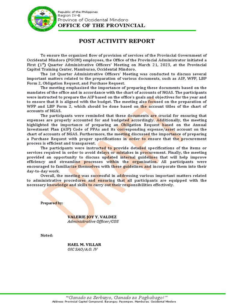 1 Post Activity Report Regarding The 1st Quarter Administrative ...