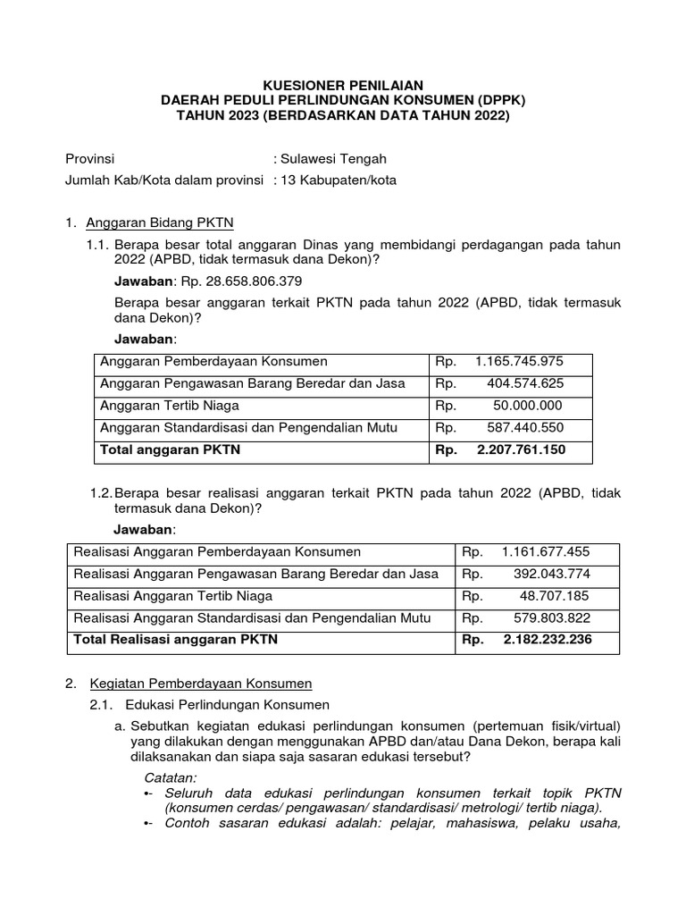 Kuesioner DPPK Tahun 2023 Perindag Sulteng (Rev) | PDF | Pengelolaan Keuangan & Uang