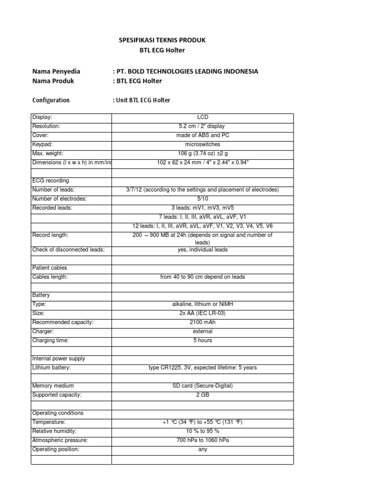 BTL ECG Holter Specifications Guide | PDF | Electrocardiography | Usb