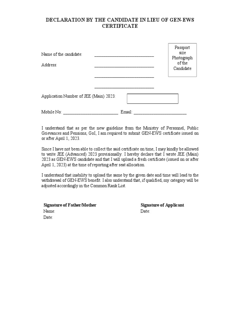 Declaration by The Candidate in Lieu of Gen-Ews Certificate | PDF