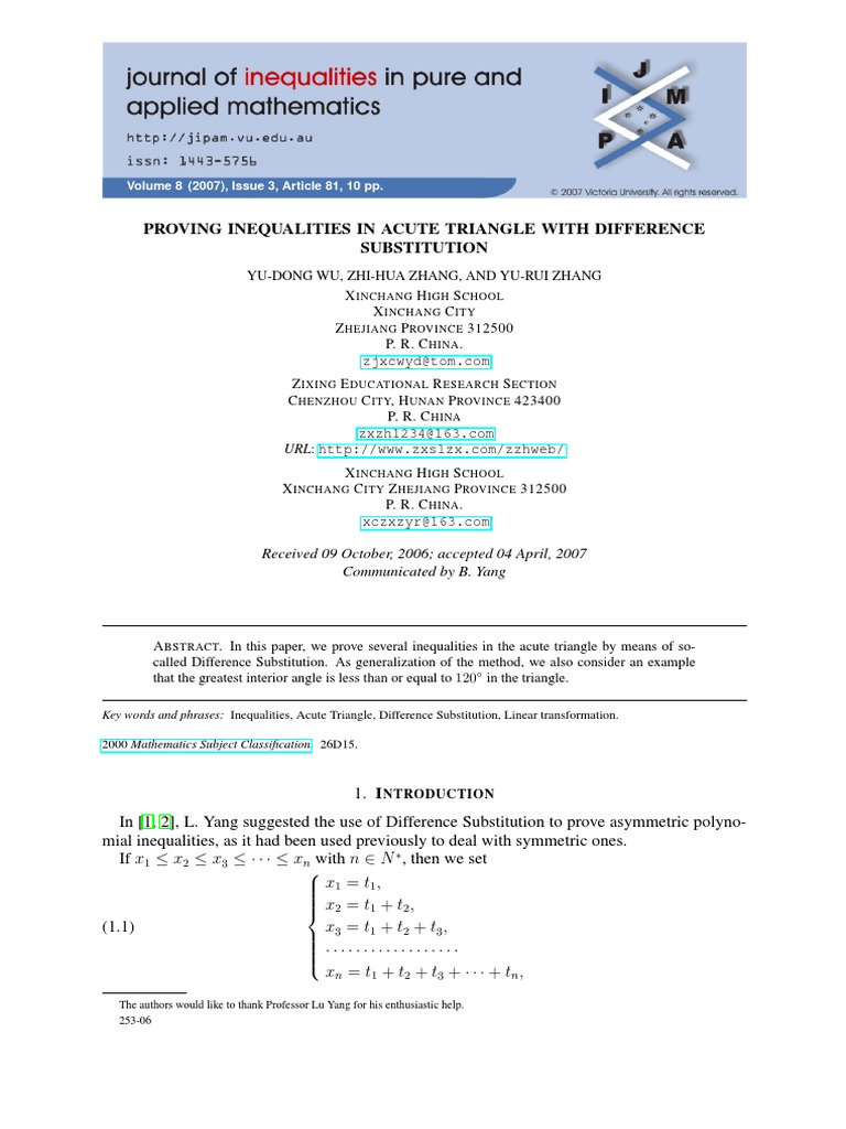 Proving Inequalities in Acute Triangle With Difference Substitution ...