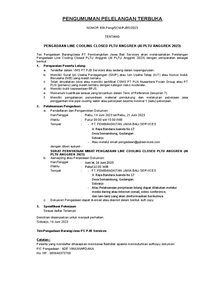 Pelelangan Line Cooling PLTU Anggrek 2023 | PDF