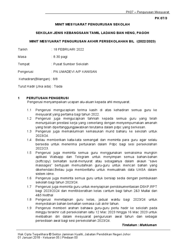 minit mesyuarat AKHIR TAHUN 2022 2023 | PDF