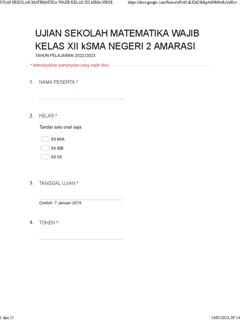 UJIAN SEKOLAH MATEMATIKA WAJIB KELAS XII kSMA NEGERI 2 AMARASI | PDF