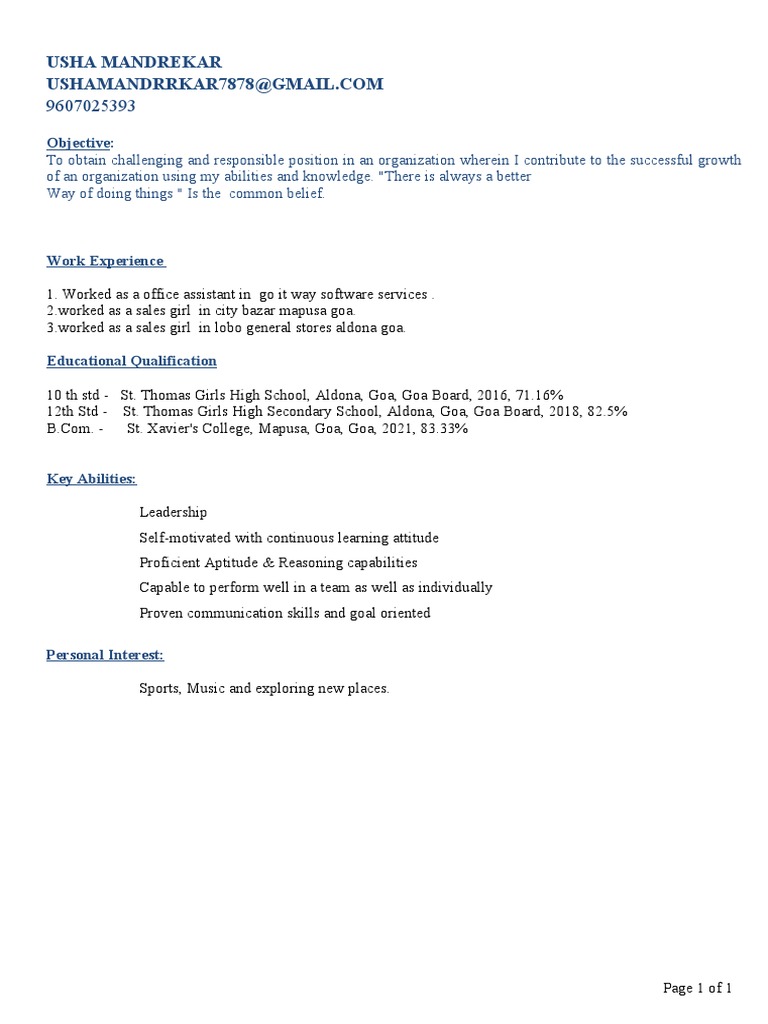 Usha CV | PDF | Career & Growth