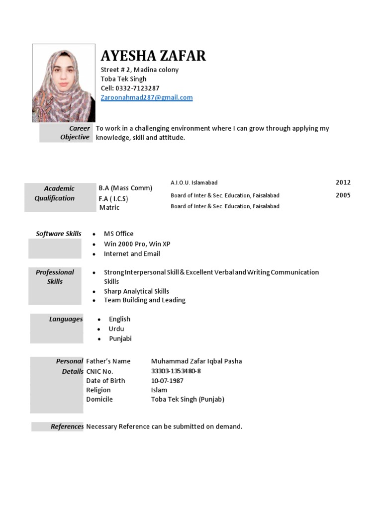 Ayesha Zafar New Cv | PDF
