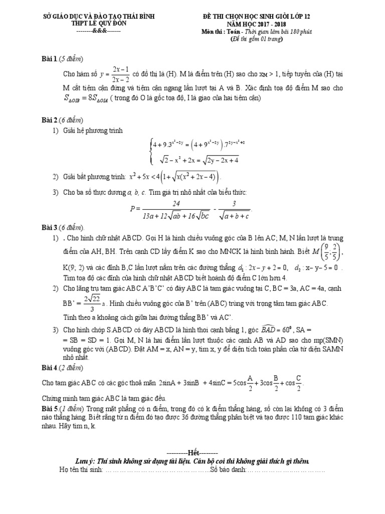 De Thi Chon HSG Toan 12 Nam Hoc 2017 2018 Truong THPT Le Quy Don Thai Binh | PDF