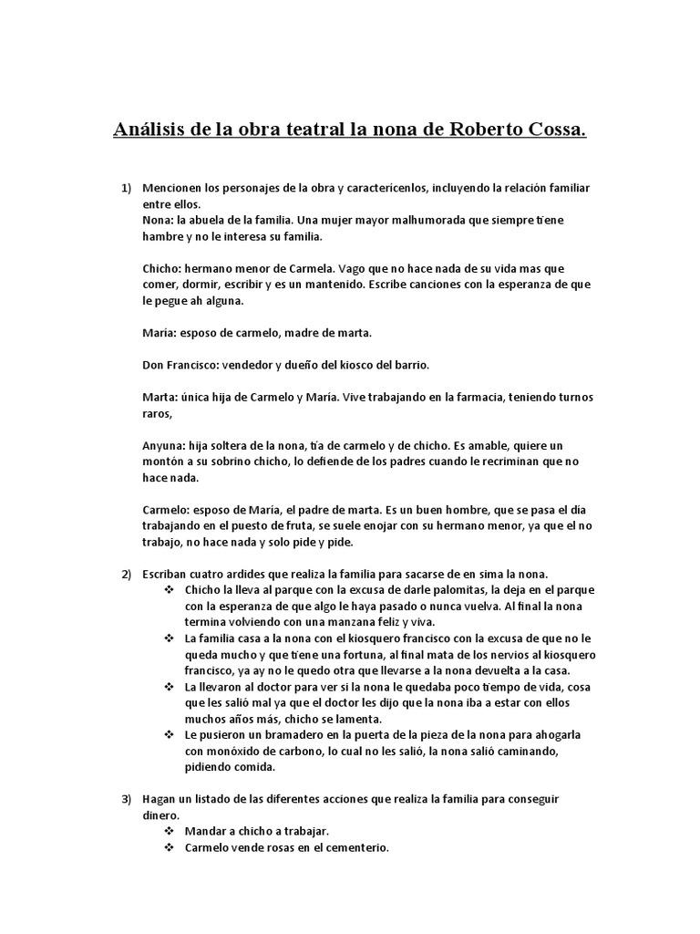Análisis de La Obra Teatral La Nona Respuestas | PDF