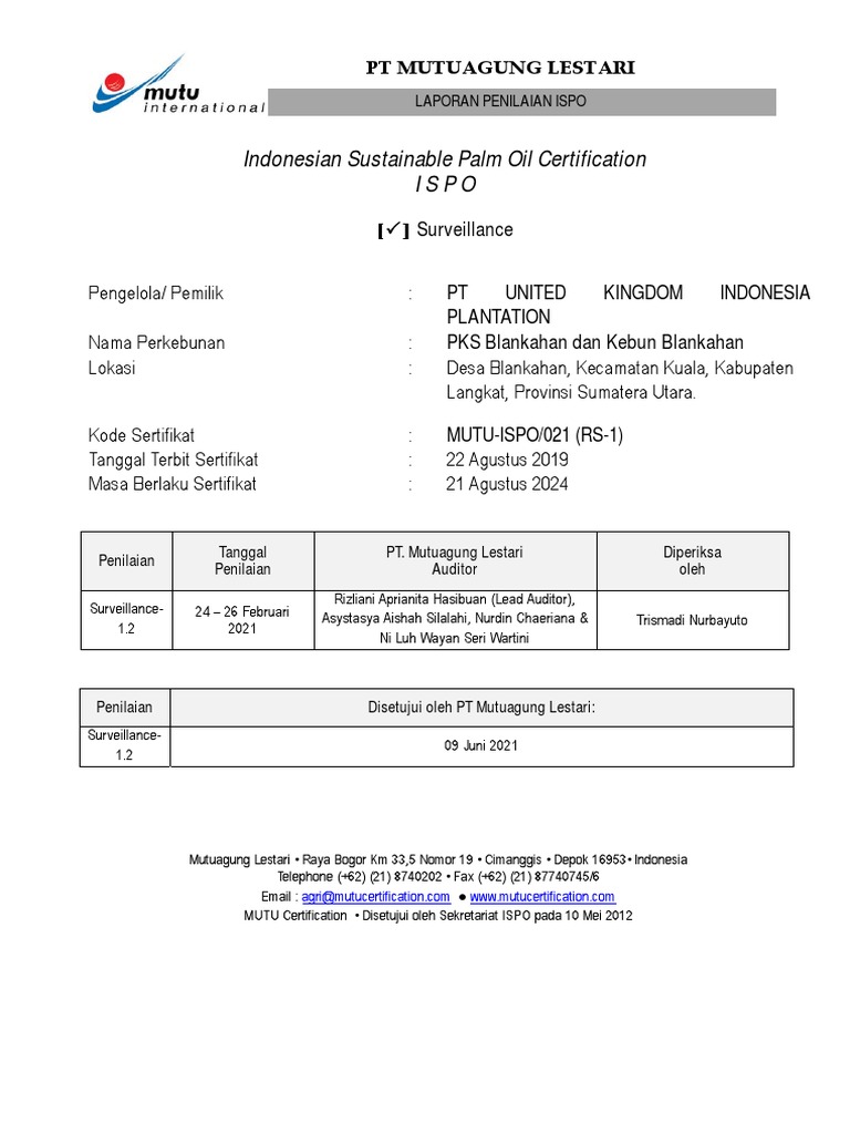 Laporan Penilaian ISPO Surveillance-12 PT UKINDO PKS Blankahan | PDF
