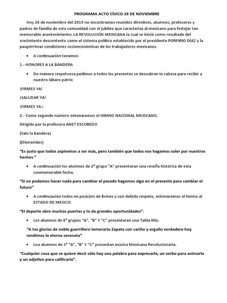 Programa Acto Cívico 20 de Noviembre | PDF | México