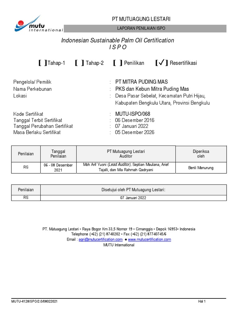 Laporan Penilaian ISPO Resertifikasi PT Mitra Puding Mas | PDF