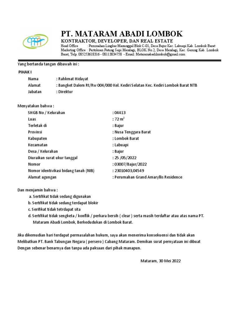 Surat Jaminan Direktur Ke Bank BTN | PDF