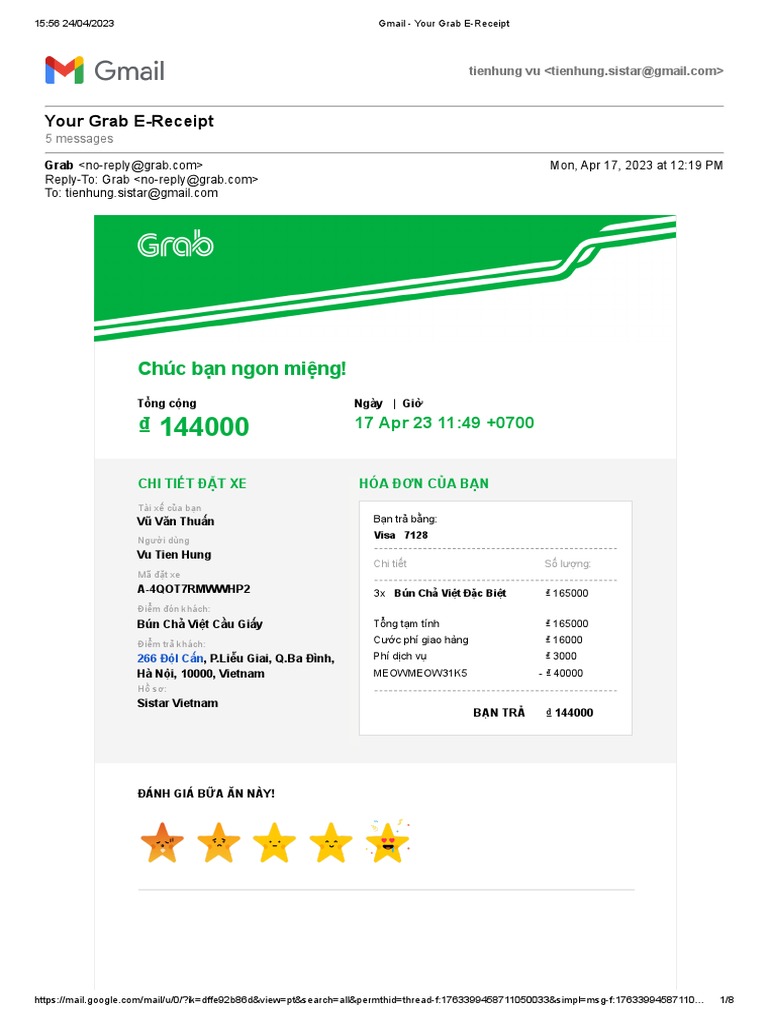 Gmail - Your Grab E-Receipt 2023 | PDF