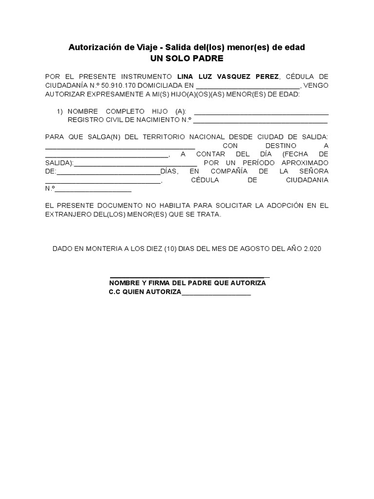 Modelo Autorizacion Viaje Salida Menores | PDF | Gobierno y personalidad