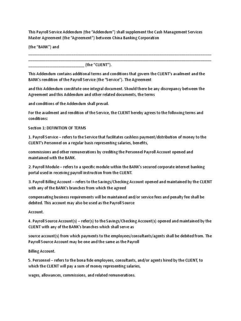 This Payroll Service Addendum | PDF | Payroll | Debit Card