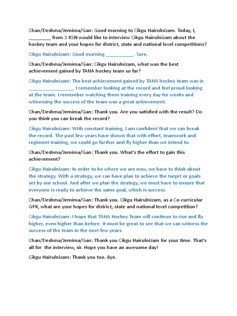 Interview with Cikgu Hairulnizam on TAHA Hockey Team | PDF | Self ...