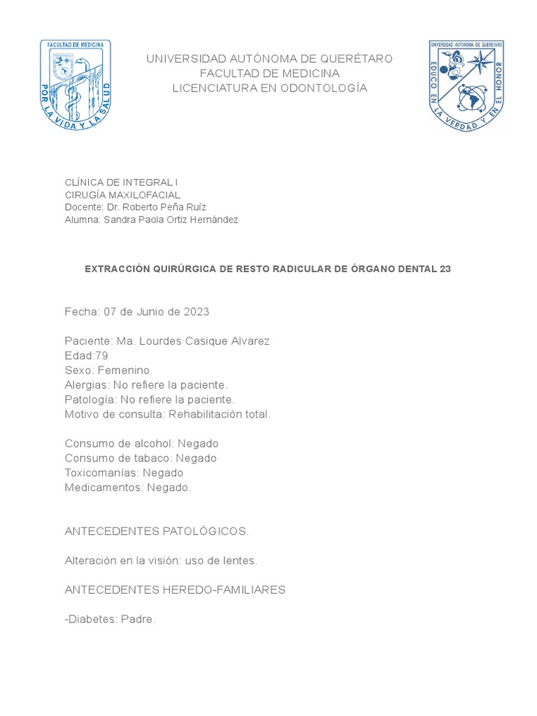 Extracción Quirúrgica de Resto Radicular | PDF | Salud y bienestar ...