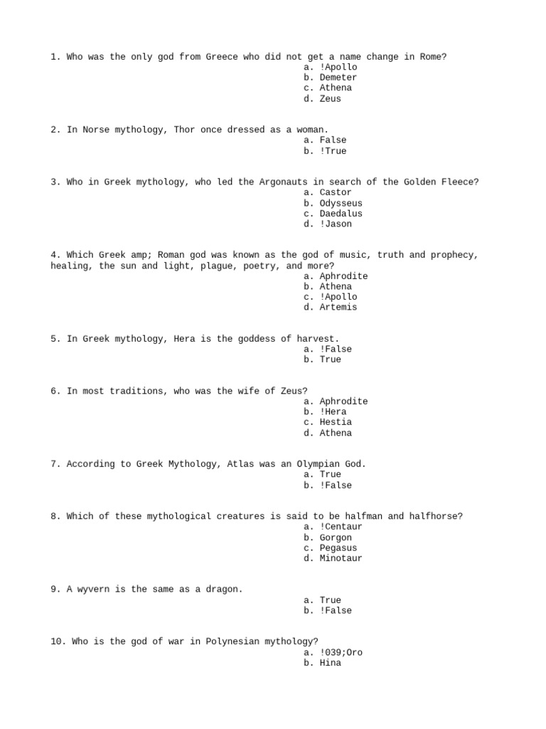 Greek and Norse Mythology Quiz | PDF | Twelve Olympians | Greek Mythology