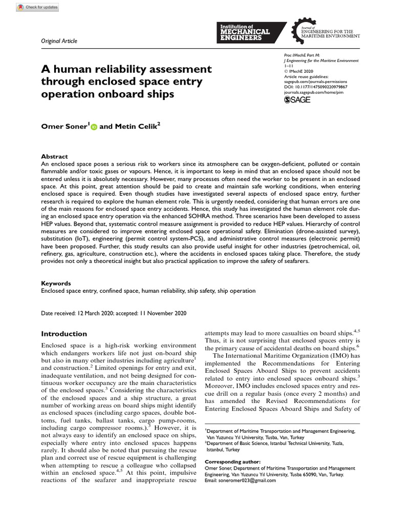 A Human Reliability Assessment Through Enclosed Space Entry Operation Onboard Ships | PDF | Risk ...