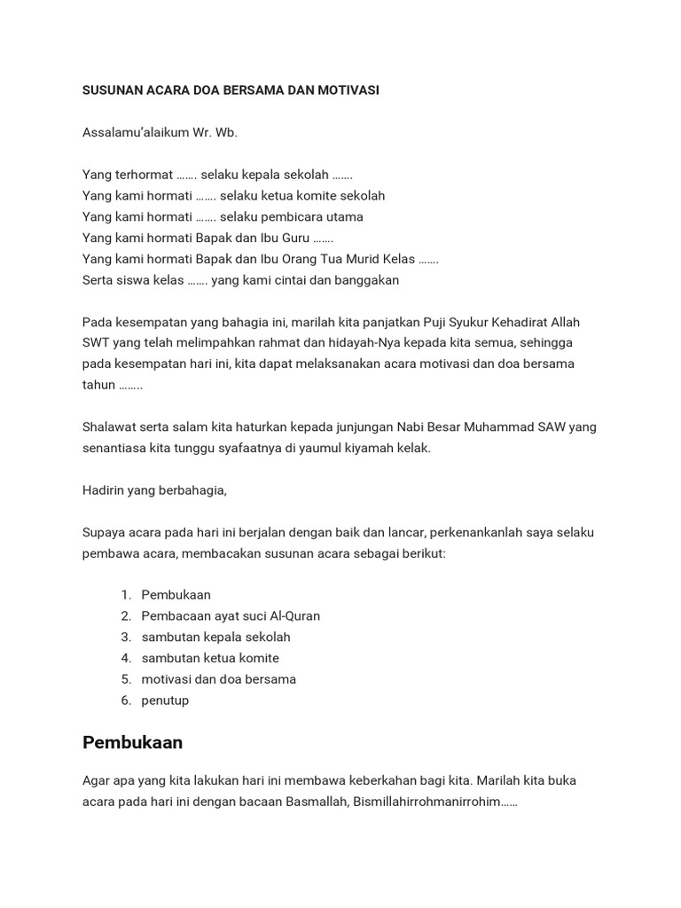 Susunan Acara Doa Bersama Dan Motivasi | PDF